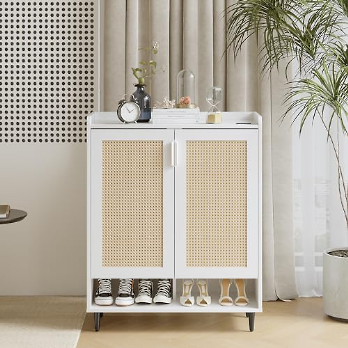 UpWiew Shoe Cabinet with Rattan Door, 5-Tier 31" Lx14 Wx38 H White