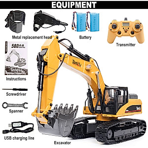 Huina RC Excavator for adults1580 Hobby Remote Control V4 Full Metal RC Excavator Adult huina 580 Construction Vehicle Professional Remote Control Tractor (2 Batteries)