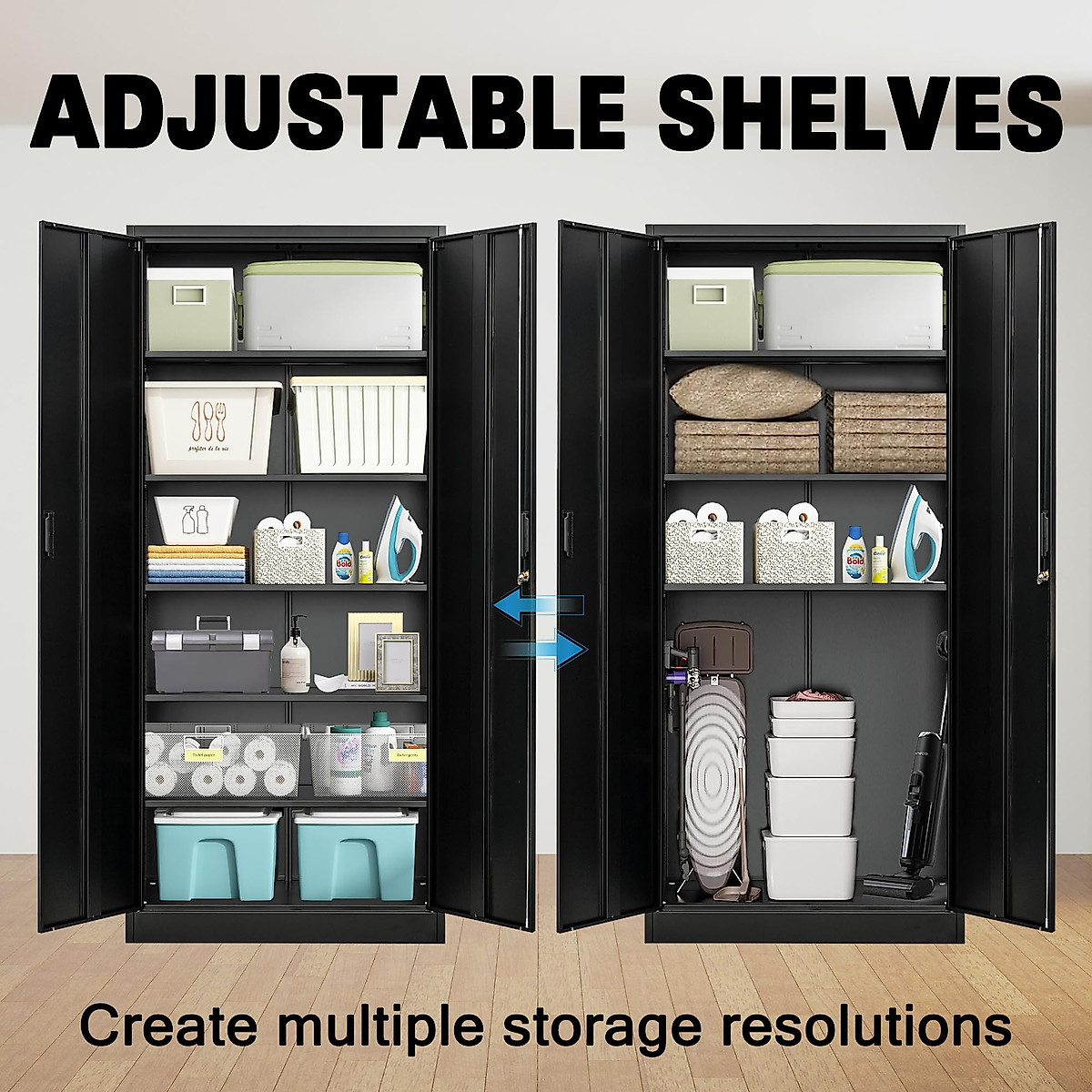 iDEKAI Metal Storage Cabinet with Lock, 71" Garage Storage Cabinets with 2 Lockable Doors and 5 Adjustable Shelves,Tall File Cabinet, Tool Cabinet for Office,Home,Garage,Gym,School (Black)