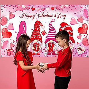Happy Valentine's Day Backdrop Banner Gnome Photography Background Red Love Heart Photo Background Valentines Day Decor for Valentine Party Supplies, Propose Marriage Decorations, 72.83 x 43.3 Inch