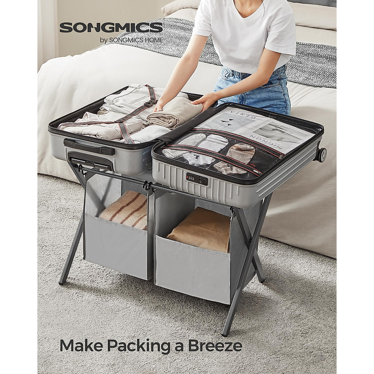 SONGMICS 2 Pack Luggage Racks with 2 Removable Laundry Bag, Set of 2 Suitcase Stands for Guest Room, Foldable for Space-Saving Storage, Steel Frame, Hotel, Bedroom, Slate Gray URLR008G02