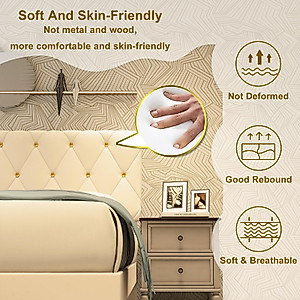 Mhjinuwet Queen Size Bed Frame, Velvet Upholstered Platform with Headboard, Easy Assembly, No Box Spring Needed, Non-Slip and Noise-Free with Strong Wooden Slats (Beige, Queen (U.S. Standard))