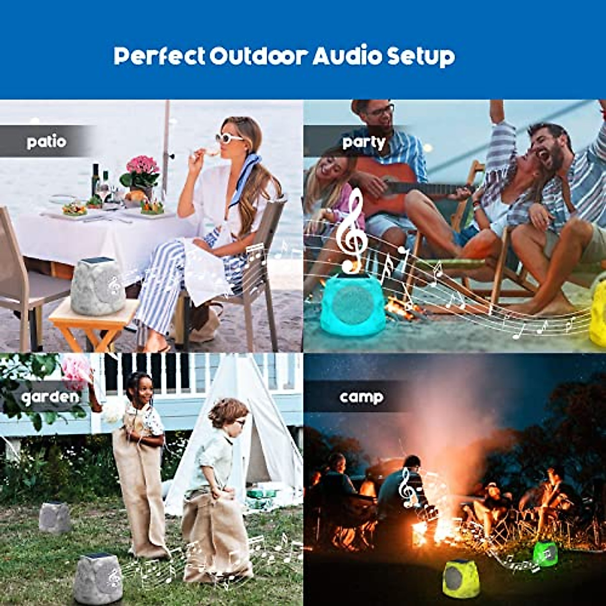 Outdoor Rock Speaker Solar-Powered Wireless Bluetooth 5.0 Speaker Waterproof with RGB Color Multi-Unit Connect Outdoor Speakers for Patio Pool Deck Yard Garden and Home - Pair