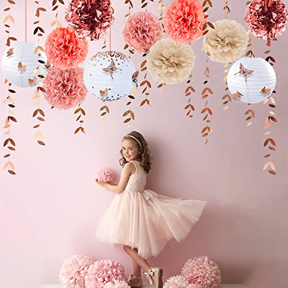 Rose Gold Party Decoration Blush Pink Tissue Flowers Pom Pom Paper Lantern with Leaf Garland 3D Butterfly for Wedding Engagement Birthday Baby Bridal Shower Bachelorette Tea Party Decorations Supplies