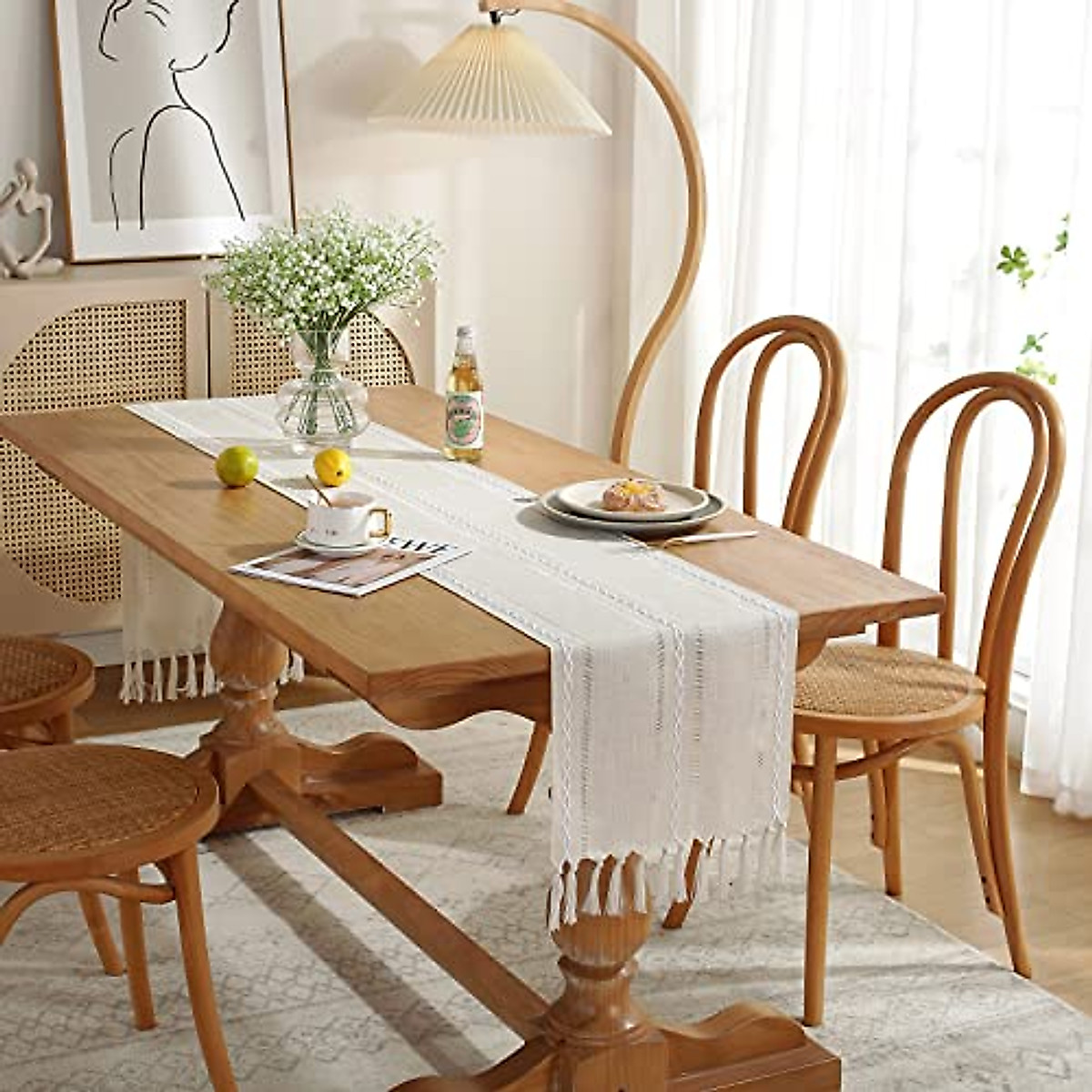 Laolitou Rustic Table Runner with Tassels, Cotton Linen Table Decoration for Holiday Party, Farmhouse Table Runners, Wedding and Dining Decorations, 72 Inches, Ivory