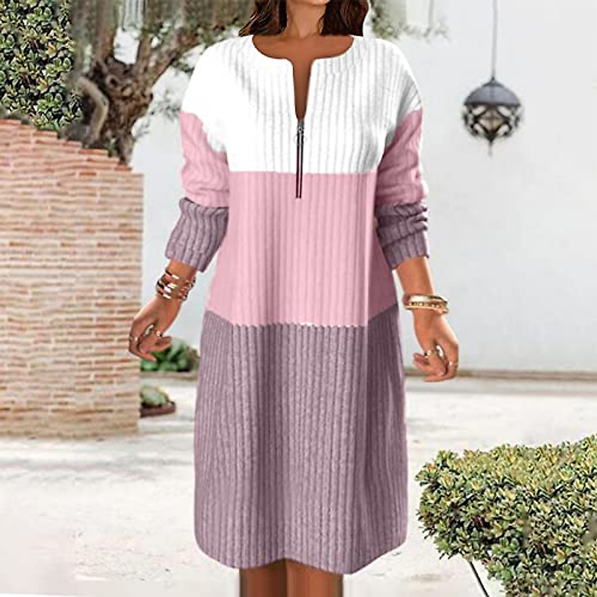 Women's Dresses, Cocktail Dress Short Formal Dresses for Women Party Wedding Women's Fashion Casual Color Matching Long Sleeve Pullover Zipper Straight Dress Beach Vacation 3/4 (4XL, Hot Pink)