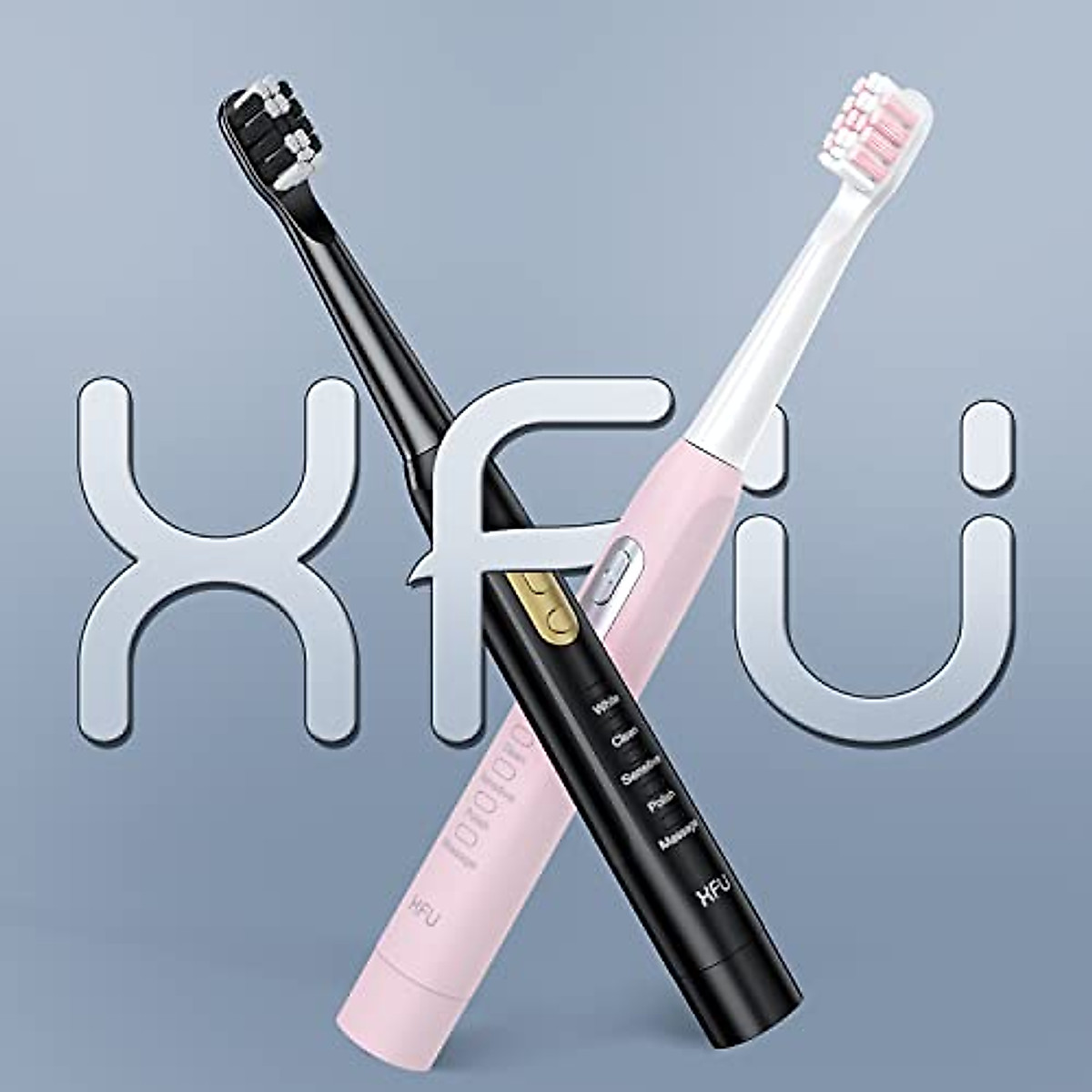 XFU Sonic Toothbrush for Adults and Kids, 3 Dupont Brush Heads, with 5 Modes and Waterproof IPX7, Battery Electric Toothbrush Build in 2 Mins Timer 40,000 VPM XF-2011 (Black)