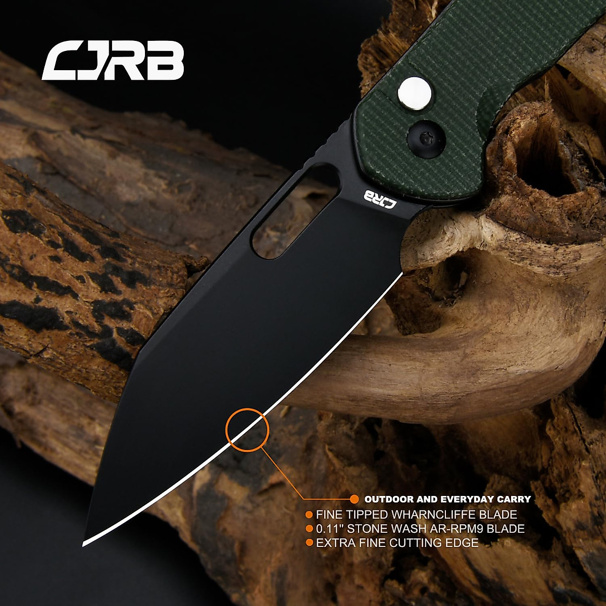 CJRB Pyrite-Alt (J1925A) Folding Pocket Knife with 3.11'' Black PVD AR-RPM9 Wharncliffe Blade Dark Green Micarta Handle,Button Lock EDC Knife with Thumb Hole for Tactical,Outdoor,Hiking and Gift