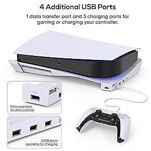 Horizontal Stand for PS5 Console with 4-Port USB Hub,MENEEA Upgraded Base Skate Holder Accessories for Playstation 5 Disc & Digital Edition,3 Charging Port Extension &1 USB 2.0 Data Port