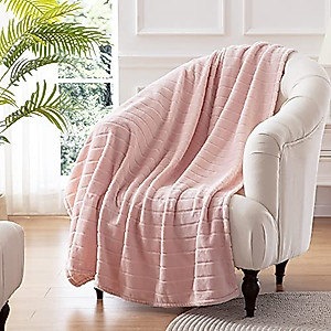 Bertte Plush Throw Blanket Super Soft Fuzzy Warm Blanket | 330 GSM Lightweight Fluffy Cozy Luxury Decorative Stripe Blanket for Bed Couch - 60"x 80", Pink