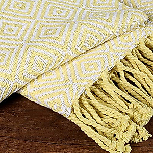 Throw Blanket With Fringes In Diamond Design 50x60 Inch -Lime Yellow Cotton Throw For Sofa, Chair, Bed, & Everyday Use, Well crafted for durability, Farmhouse Throw,All Season Throw Blanket
