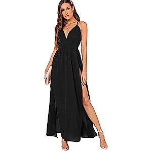 Floerns Women's V Neck Spaghetti Strap Backless Split Cocktail Party Maxi Long Dress A Black M