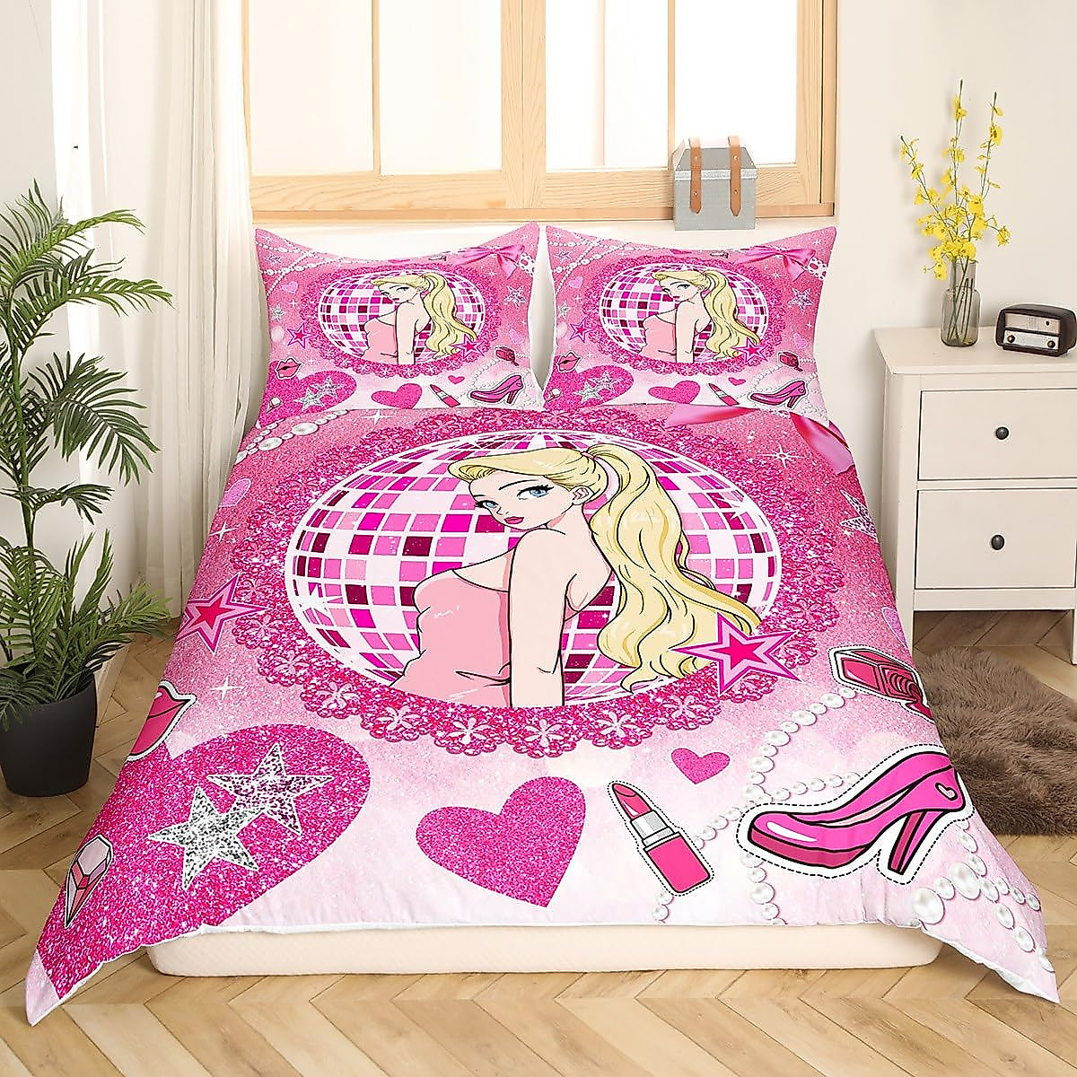 Pink Girly Princess Kids Duvet Cover Set Twin Size,High-heeled Shoes Lip Bowknot Romantic Bedding Set,Beauty Girls Room Decor,Glitter Sequin Diamond Comforter Cover,Dreamy Quilt Cover,1 Pillowcase