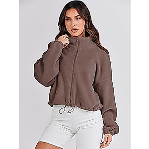 ANRABESS Jacket for Women Full Zip Oversized Fleece Crop Sherpa Coat Long Sleeve Drop Shoulder Stand Collar Drawstring Hem Soft Cozy Thick Trendy Winter Tops Outfits 1097qianzong-L