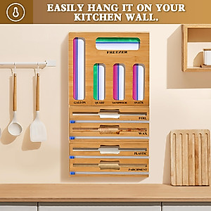 deeplin Storage Bag Organizer and Wrap Dispenser with Cutter, 9 IN 1 Bamboo Foil and Plastic Wrap Organizer for Kitchen Drawer, Plastic Bag Organizer for Gallon,Quart,Sandwich,Snack