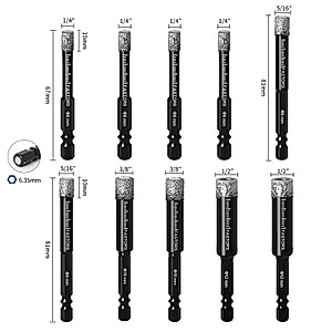 FASTORS Dry Diamond Drill Bit Set,10-Pack Diamond Core Drill Bits for Tile Ceramic Marble Granite Glass Brick Stone,1/4 Hex Shank Size 6,8,10,12 mm