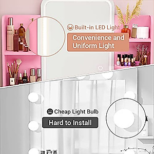 armocity Vanity Desk with LED Lighted Mirror, Makeup Vanity with Cushioned Stool, Vanity Table Set with 3 Color Lighting Options, Modern Dressing Table with 2 Storage Drawers for Bedroom, Pink