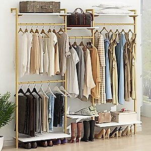 Auromie Gold Wall Mount Clothes Rack with 4 Hanging Rods, Clothing Rack with 6-Tier Adjustable Shelves, Closet Storage Organizer System Kit, Heavy Duty Garment Rack with Metal (80.43" L*78.62" H)