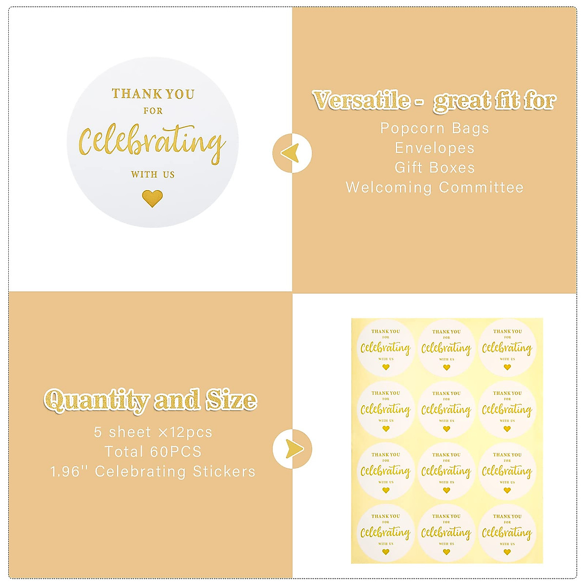 G2PLUS Thank You for Celebrating with Us Stickers,60PCS 2 Inch Round Thank You Sticker Labels for Invitation Envelopes for Wedding, Birthday Baby Shower, Party Favor (Gold)