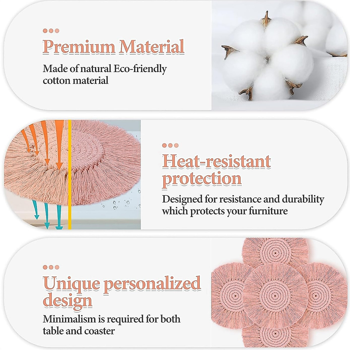 2 Pack Macrame Pink Coasters for Drinks, 7in Woven Boho Coaster Set, Handmade Absorbent Cotton Boho Coasters for Wooden Table Decor Boho Home Decor Housewarming Gift