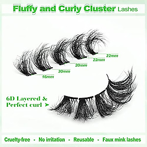 Cluster Lashes 16-22mm Fluffy Dramatic Curly Russian Strip Cat-Eye Individual Lashes Wispy DIY Lash Extensions 6D Faux Mink False Eyelashes