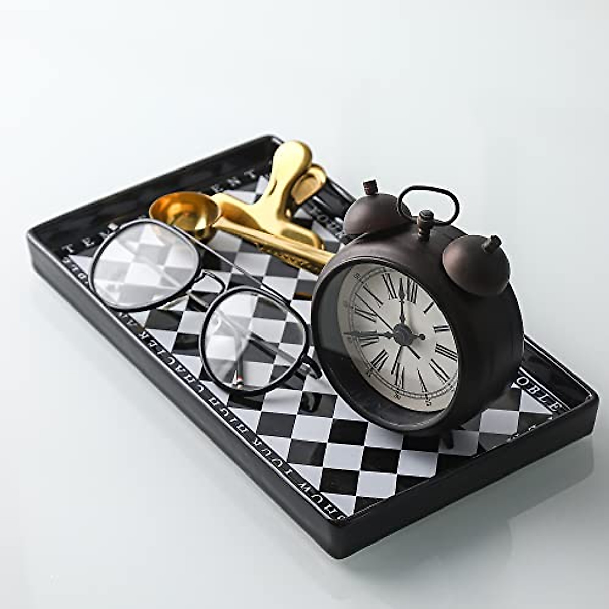 Redelaenor Ring Dish Rectangular Trinket Jewelry Tray Ceramic Dresser Bathroom Vanity Storage and Holder Black and White Grid Medium