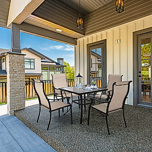 HAPPATIO Patio Dining Table, 4 Person Brown Square Patio Backyard Furniture Table Metal Steel Slat Patio Dining Table with Umbrella Hole Dia 2"（35" x 35" x 28.5"）