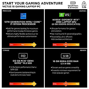 Victus 15 Laptop, FHD IPS 144Hz Display, 9ms Response Time, Intel Core i7-13700H, 16 GB RAM, 512 GB SSD, NVIDIA GeForce RTX 4050 GPU (6 GB), Windows 11 Home, 15-fa1020nr (2023)