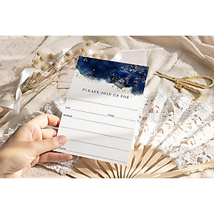 Blue Invitations with Envelopes, All Occasion Party Invites for Wedding, Birthday, Bridal Shower, Graduation, Reception, 5x7 Blank Cards, Gold Watercolor Floral, 25 Count