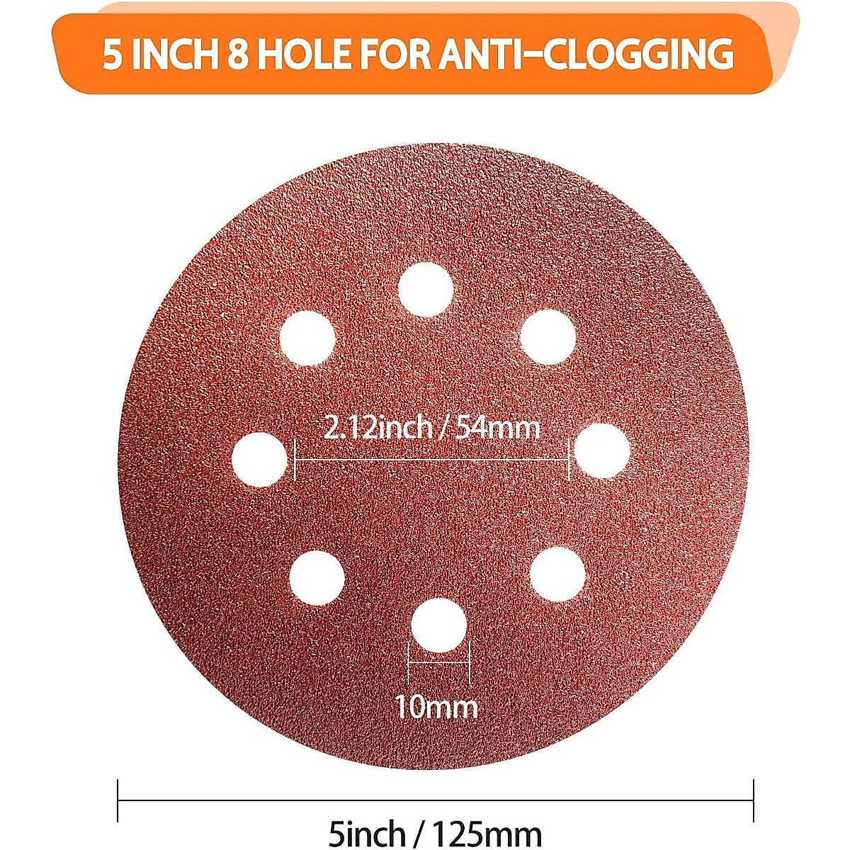 100PCS 5 Inch 8 Hole Hook and Loop Sanding Discs Sandpaper, 60 80 120 180 240 320 400 Grits Sand Paper for Random Orbital Sander