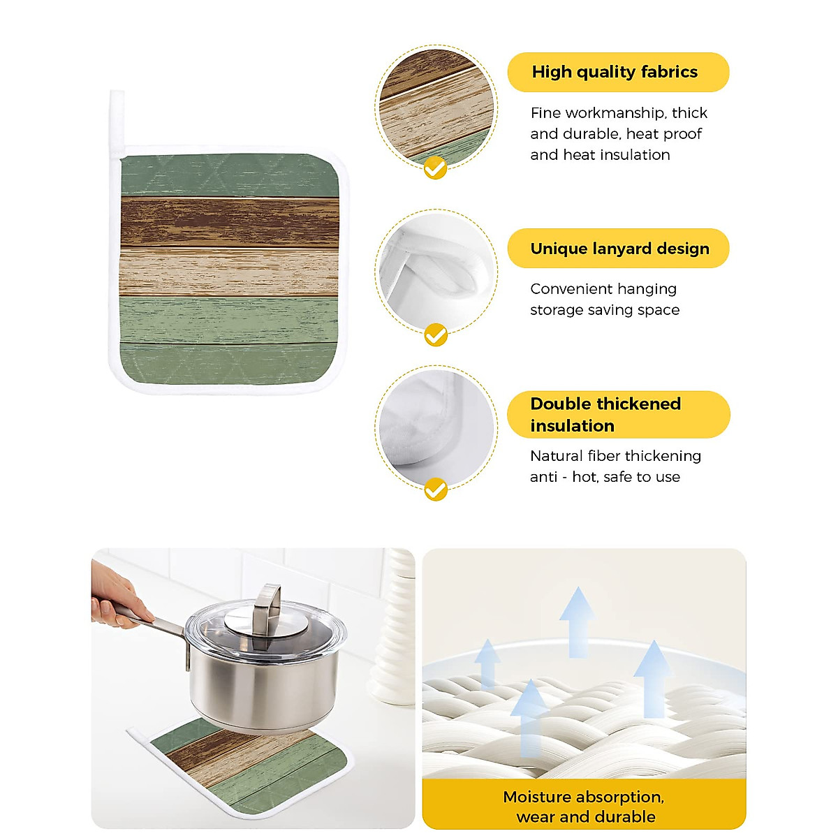 Pot Holders Set of 3 PCS Heat-Resistant Hot Pads Mats with Hanging Loop, Imitation Wood Grain Vintage Sage Green Washable Potholder for Cooking Baking Kitchen, 8.26"x8.26"