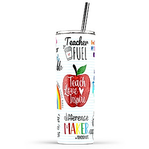 YouNique Designs Teacher Appreciation Coffee Tumbler with Straw and Lid, 20 Oz, Insulated Stainless Steel Skinny Tumbler for Women, Best Teacher Ever Tea Tumbler, Water Tumbler