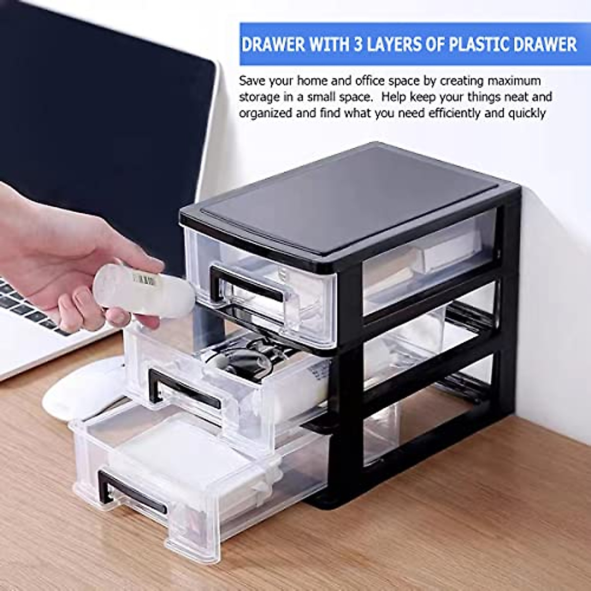 LNQ LUNIQI 3 Tier Plastic Drawer Type Closet,Portable Storage Cabinet Sundries Storage Cosmetics Jewelry Storage Box for Home Office(Black &Transparent)