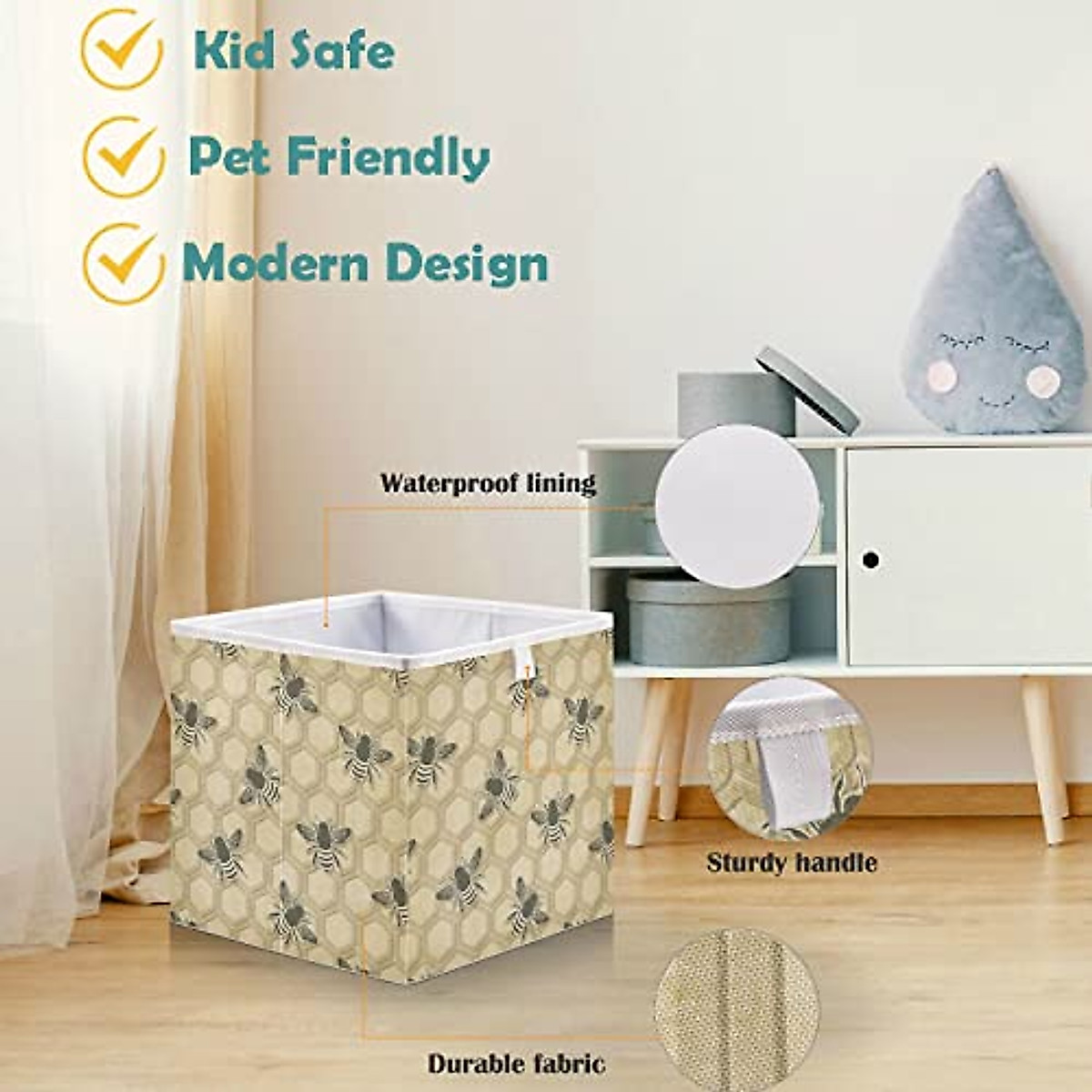 visesunny Closet Baskets Retro Bee Honeycomb Pattern Storage Bins Fabric Baskets for Organizing Shelves Foldable Storage Cube Bins for Clothes, Toys, Baby Toiletry, Office Supply