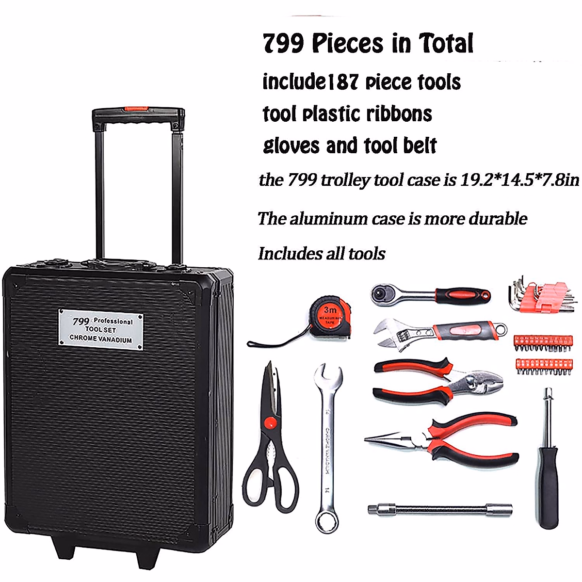 Arcwares 799pcs Aluminum Trolley Case Tool Set Silver, House Repair Kit Set, Household Hand Tool Set, with Tool Belt,Gift on Father's Day (Black)
