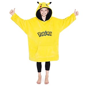 Pokemon Boys Oversized Hoodie with Sherpa-Lined Hood - Blanket Hoodies for Kids (Yellow/Black Pikachu)