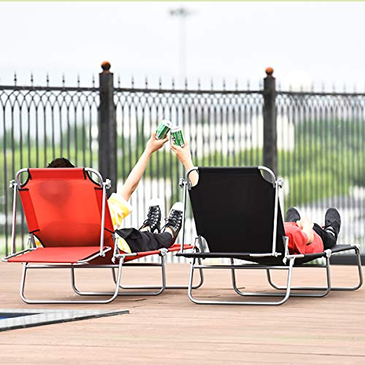 GYMAX Lounge Chair, Folding Recliner Patio Chair for Outdoor Patio Garden Beach Pool with Adjustable Reclining Positions, Sun Shade (Black)