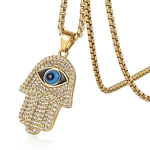 HZMAN 18k Gold Plated Iced Out CZ Stainless Steel Blue Evil Eye Beads Fatima Hamsa Hand Pendant Necklace (Gold)
