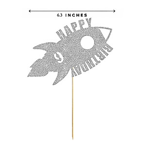 Silver Rocket 9th Birthday Cake Topper, Glitter Boy Girl Space 9 Years Birthday Party Decoration