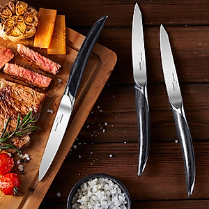 OAKSWARE Non Serrated Steak Knives Set of 8, 5 Inch German High Carbon Steel Steak Knife for Kitchen, Sharp Knives with Full-Tang Ergonomic Handle, Black