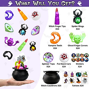 216PCS Halloween Party Favors, 24 Pack Prefilled Small Plastic Witch Cauldron with Assorted Halloween Bulk Halloween Goodie Bag Fillers Halloween Prizes Miniatures Trick or Treat
