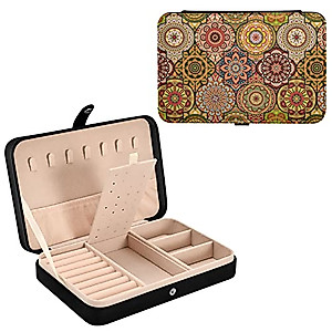 Oyihfvs Vintage Mandala Flowers Islam, Arabic, Indian, Ottoman Motifs Leather Jewelry Bag, Jewelry Storage, Portable Jewelry Organizer Boxes for Women Lady Necklace, Earrings, Rings, Bracelet
