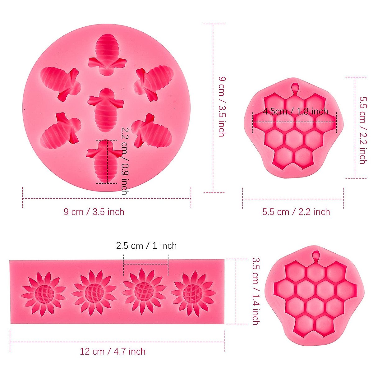 Ocmoiy 4 Pieces Bumble Bee Silicone Mold Honeycomb Sunflower and Bee Fondant Molds for Cupcake Cake Decorating Sugar Chocolate Candy Baking Mold