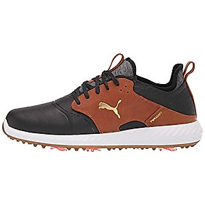 Puma Men's Ignite Pwradapt Caged Crafted Golf Shoe, Puma Black-Leather Brown-Puma Team Gold, 9