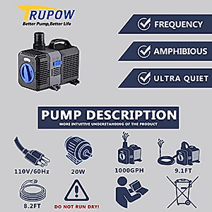 Trupow Flow Adjustable Frequency Electric Inline Garden Submersible Pond Filter Pump For Fish Tank Fountain Aquarium Waterfall Koi Salt Fresh Water (1000GPH)