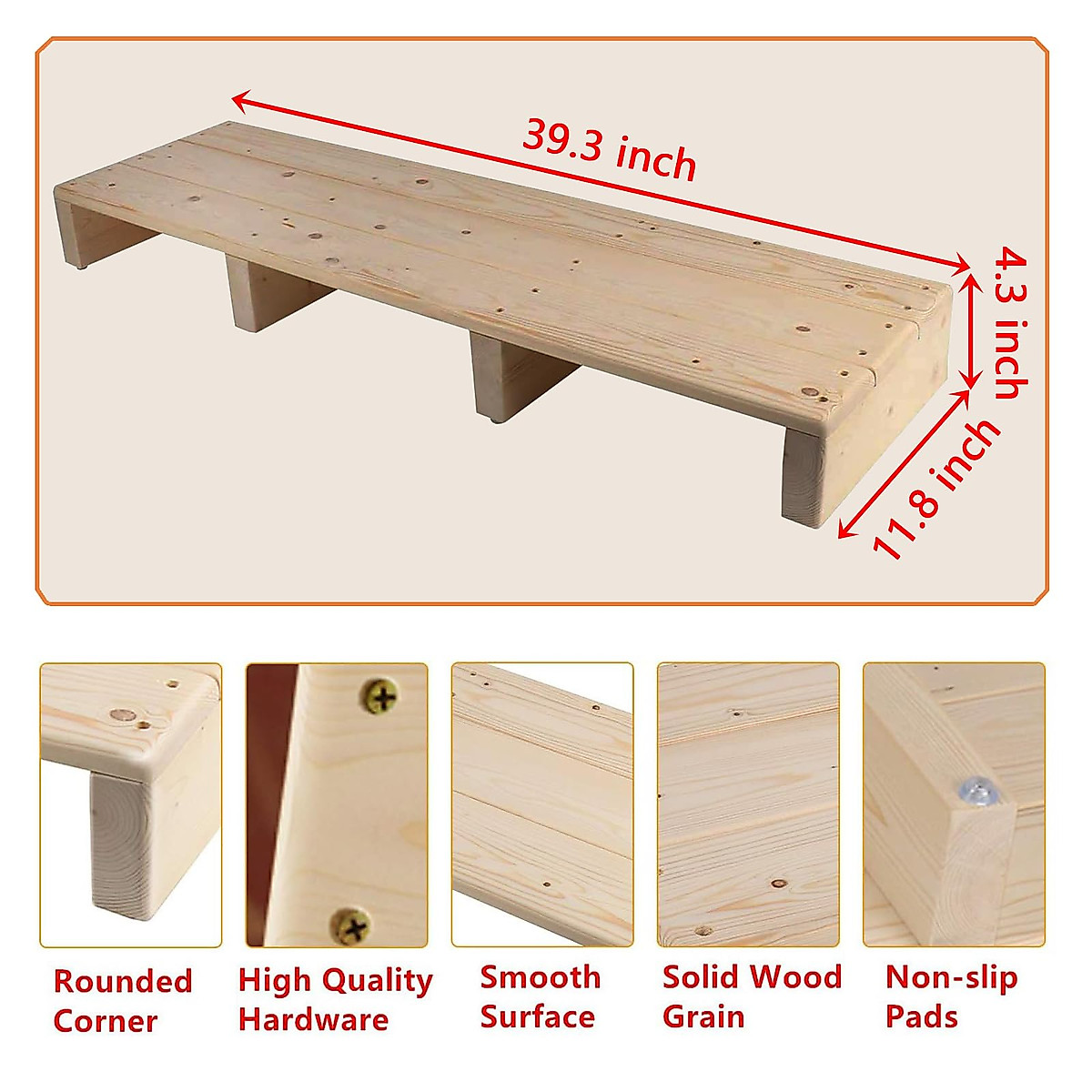 MYOYAY 39 Inch Wooden Platform Step, Hold Up to 400 LBS Solid Wood Step Stool Bedside Foot Stepper Stools Mobility Stepping Stools with Non-Slip Pads Indoor Outdoor Mobility Stepping for Old People