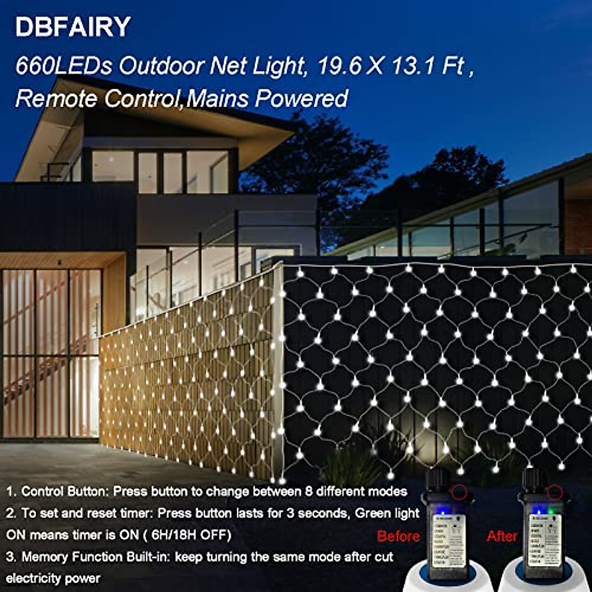 Outdoor String Lights 13.1X19.6Ft Net Bush Light Mains Powered Super Bright 660LED Fence Garden Net Light Plug in Remote Control,Clear Wire,Memory Built-in Timer Curtain Lights for Holiday,Home Decor