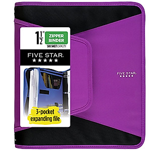 Five Star Zipper Binder, 1-1/2 Inch 3-Ring Binder for School, 3 Pocket Expanding File, 500 Sheet Capacity, Purple (72532)
