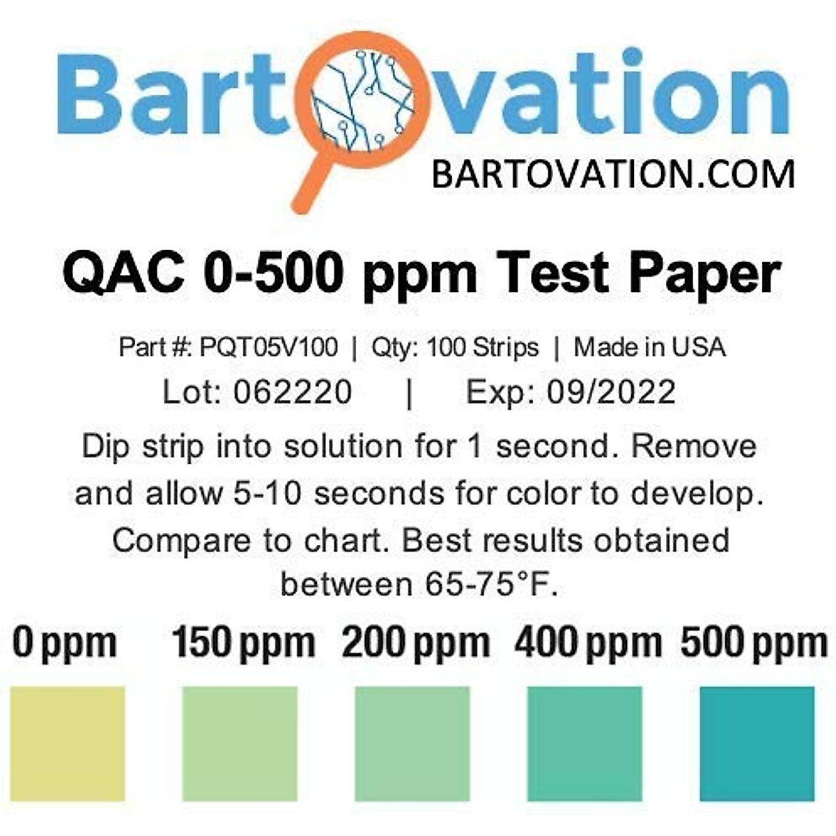 Restaurant Quaternary Ammonium (QAC, Multi Quat) Sanitizer Test Paper, 0-500 ppm [200 Paper Strips]