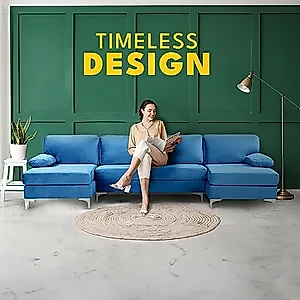 Casa Andrea Milano U-Shape Velvet Fabric Sectional Sofa Couch with Double Extra Wide Chaise, Couch for Living Room Apartment Lounge, Navy